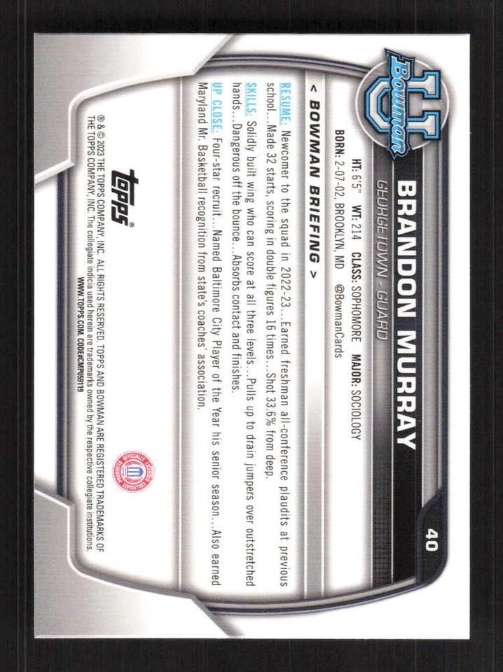 Brandon Murray 2022 Bowman University Chrome 1st Georgetown #40 | eBay