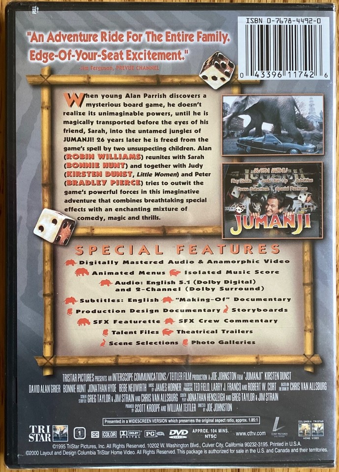 Jumanji DVD with Robin Williams, Kirsten Dunst, David Alan Grier ...