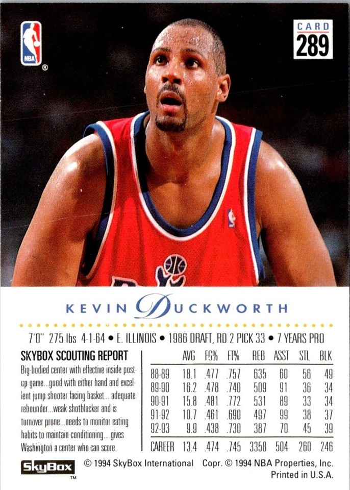 1993 SkyBox Kevin Duckworth #289 Washington Bullets Basketball Card | eBay