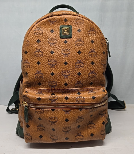 MCM Stark Monogram Logo Backpack in Visetos Cognac & Safari Green Size ...