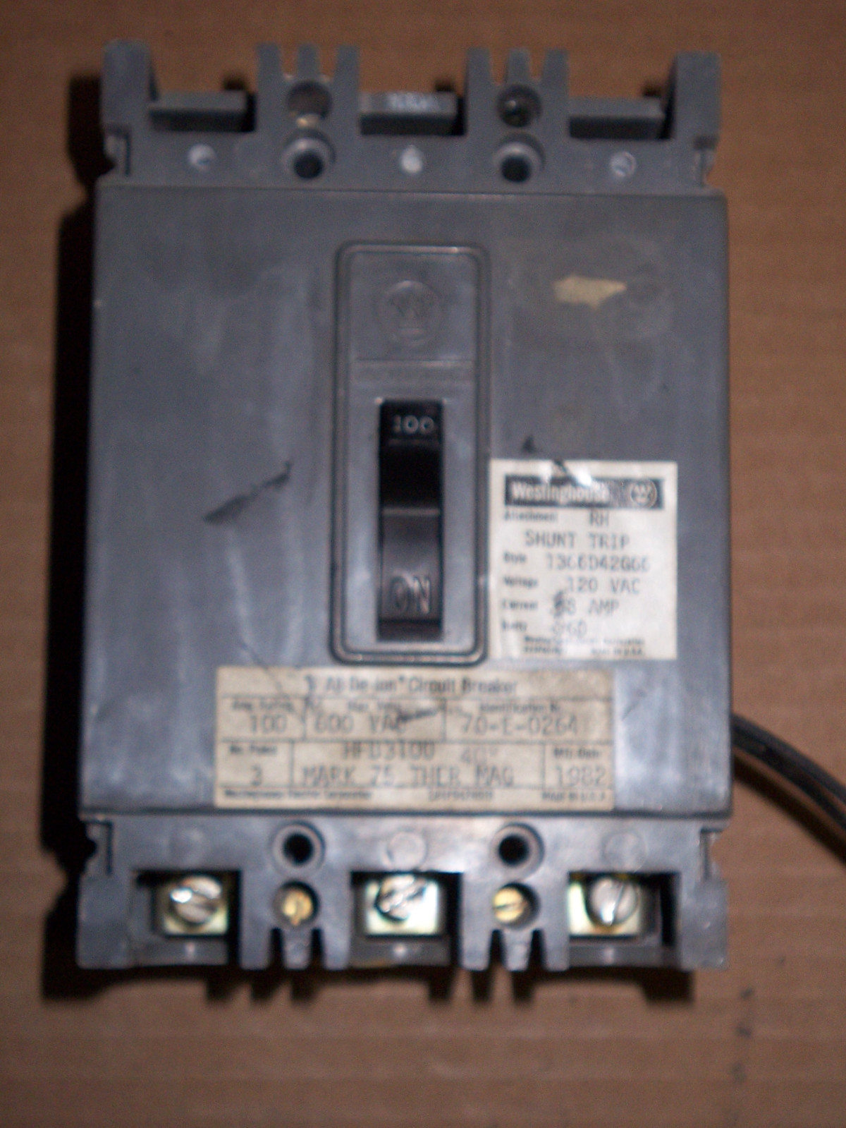 WESTINGHOUSE HFB HFB3100 100 AMP 3 POLE CIRCUIT BREAKER SHUNT TRIP ...