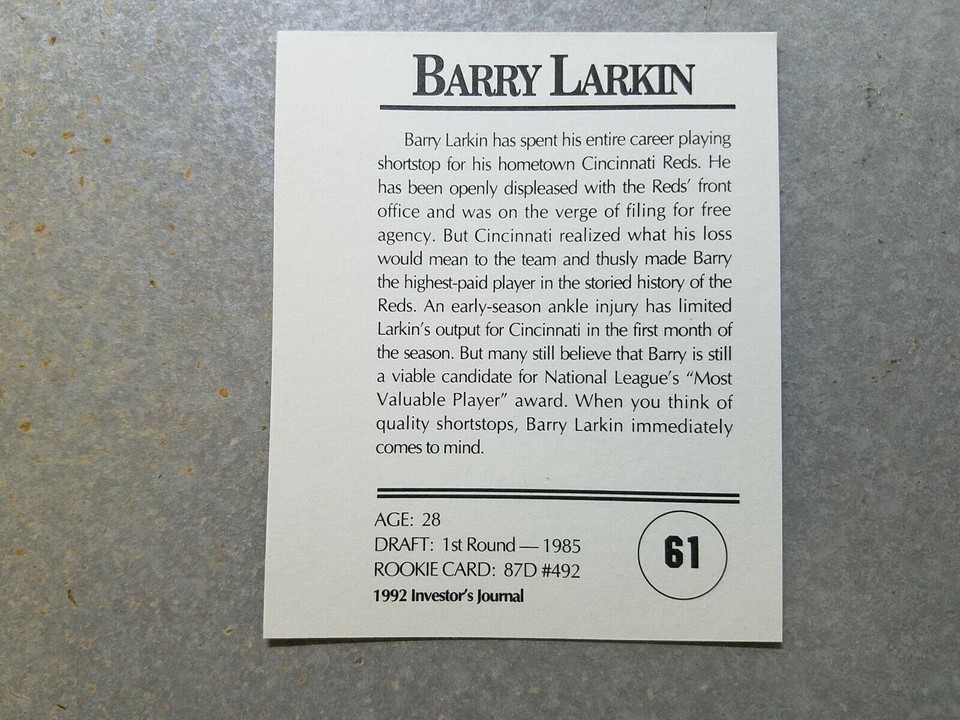 Barry Larkin Cincinnati Reds 1992 Investor's Journal Purple #61 Extra ...