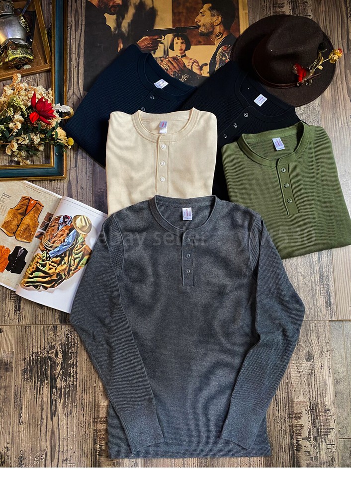 315g Cotton American Vintage Waffle Pattern Henley Collar Long Sleeve T ...