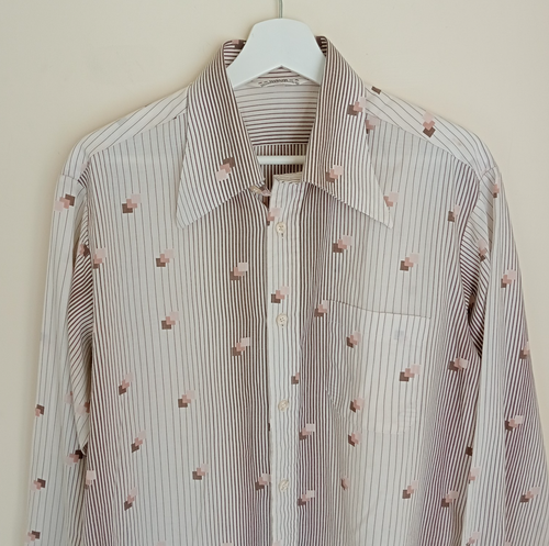 Vintage 70s Mens Button Up Shirt M Geometric Print Stripe Check Brown ...