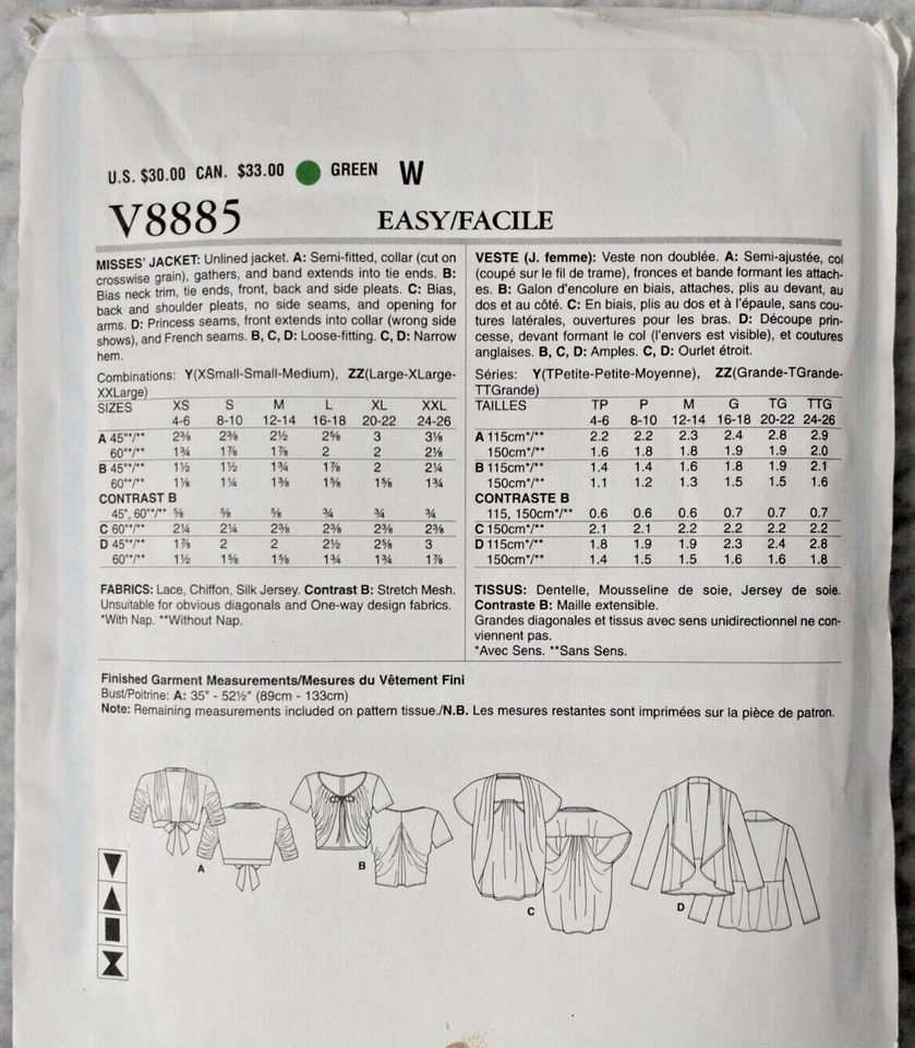 Vogue Pattern Accessories V8885 Designer Jackets Cardigan, Wrap Top ...