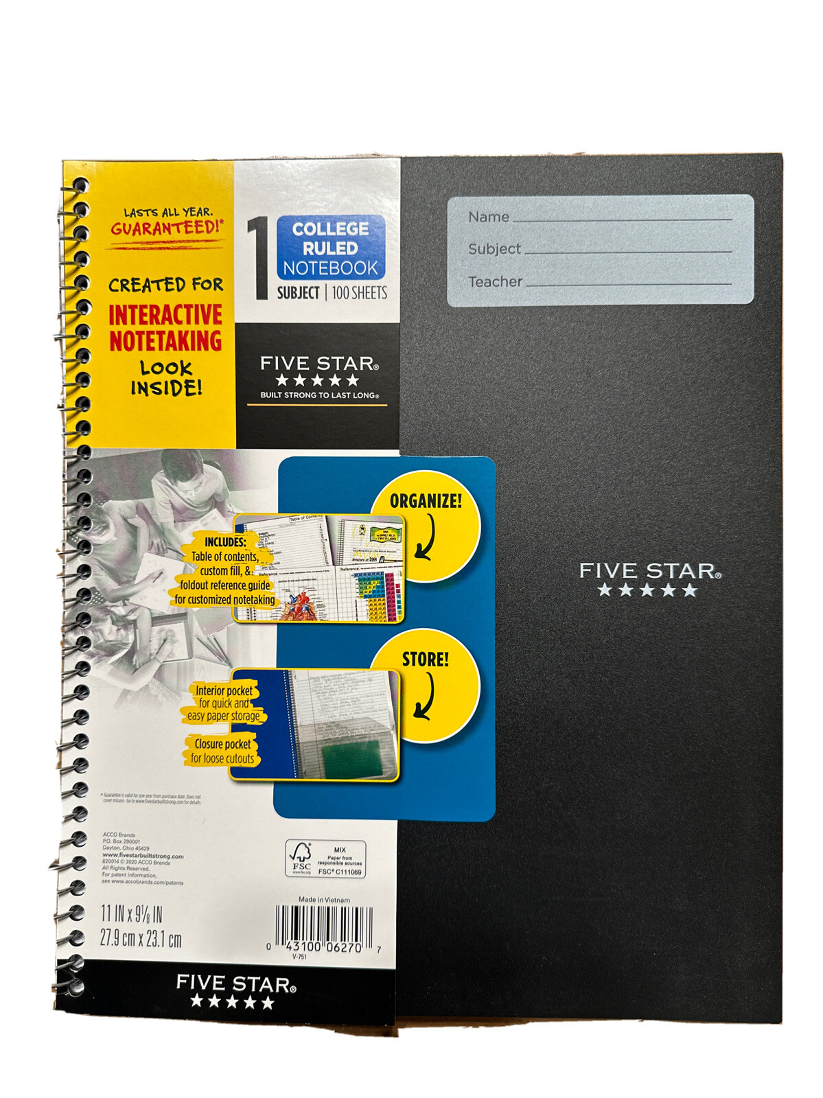Five Star Notebook - 1 Subject College Ruled Paper - 100 Sheets - Black ...