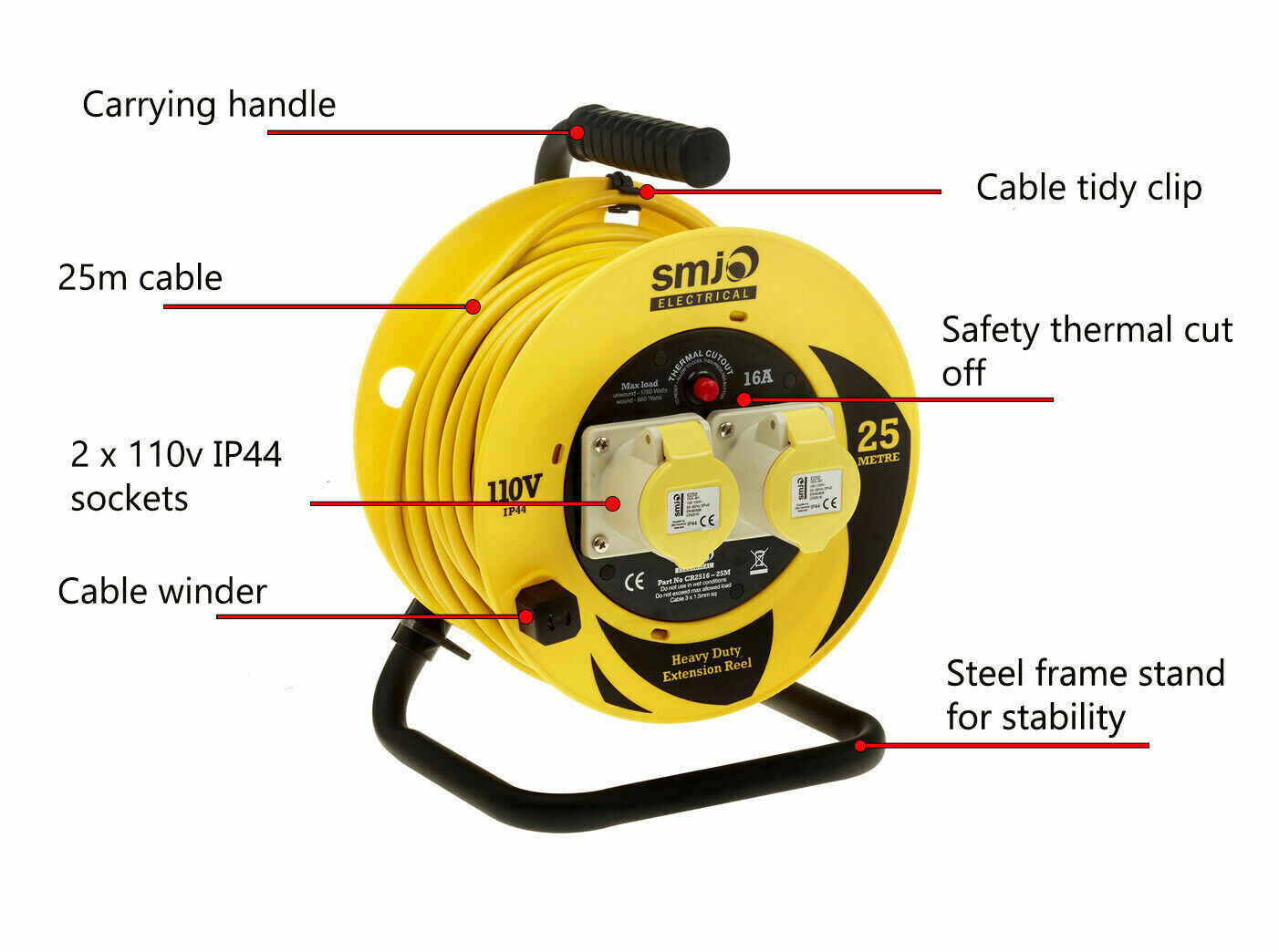 50M Extension Cable Reel 110V Yellow 16 Amp 2 Socket - 50M SMJ - CR5016 ...