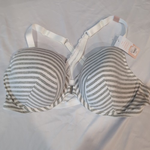 Cacique 44D Bra Gray White Stripe Lightly Lined T-Shirt Front Closure ...