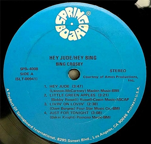 BING CROSBY "Hey Bing, Hey Jude" Vinyl Stereo LP 1969 SP-4008 VG+ / EX ...