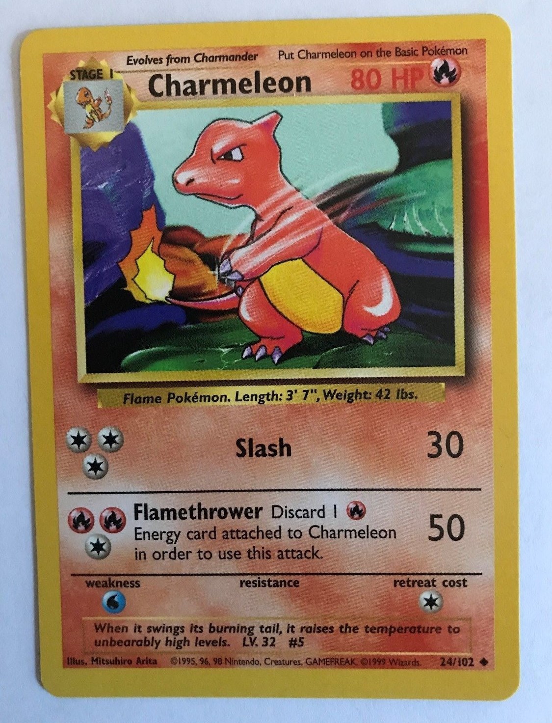 POKEMON CHARMELEON SLASH ORIGINAL RARE 1999 CARD 24/102 LEVEL 32 #5 ...