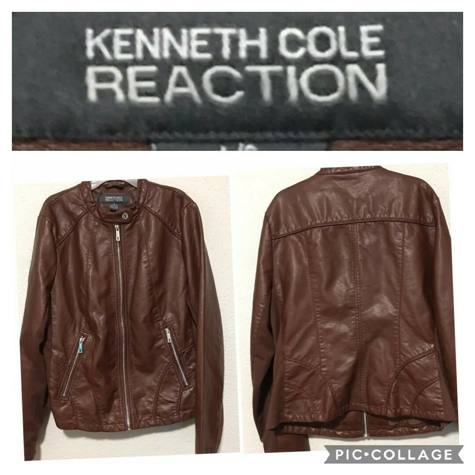 Kenneth Cole Reaction Jacket Wmn's L Faux Leather Moto Bomber Brown ...