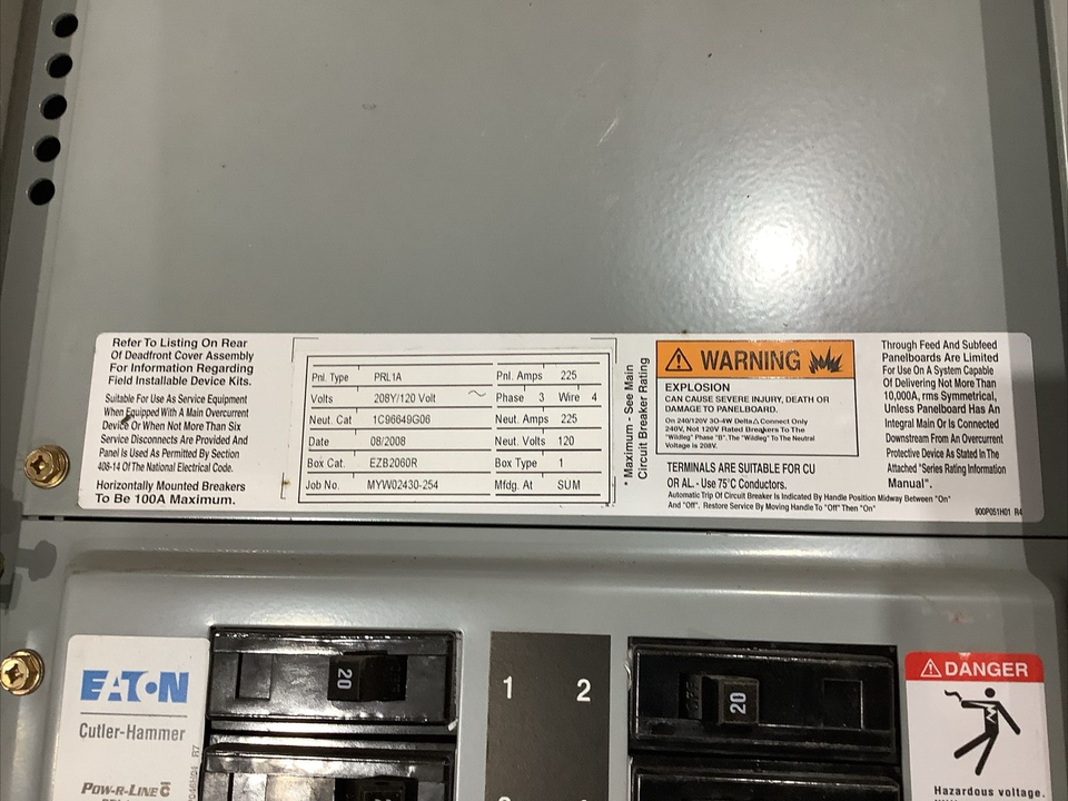 Eaton PRL1A Main Breaker Panelboard 225 Amp 208Y/120 Volt 3P/4W Nema 1 ...