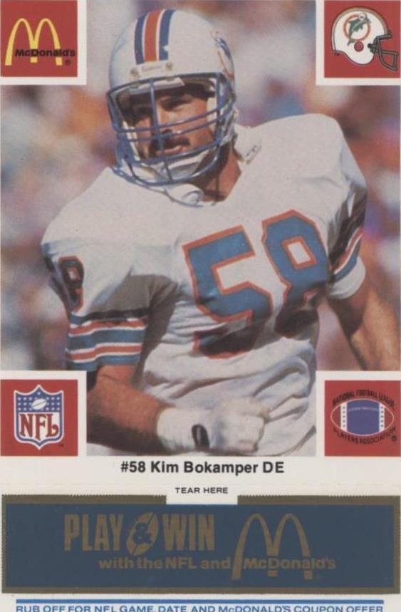 1986 McDonald's Play & Win - Miami Dolphins Kim Bokamper Blue Tab for ...