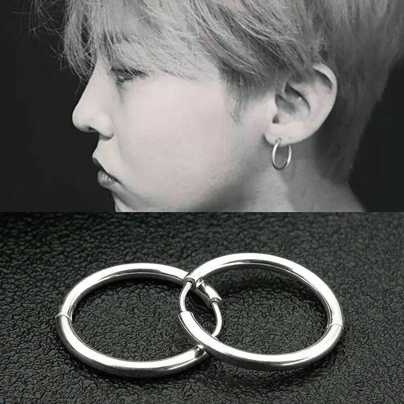 1 PAIR Mens Womens Silver Stainless Steel Tube Hoop Ear Ring Stud ...