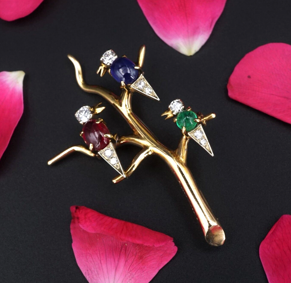 Van Cleef & Arpels VCA 18k Gold Ruby Sapphire Emerald Bird Brooch Pin 2 ...