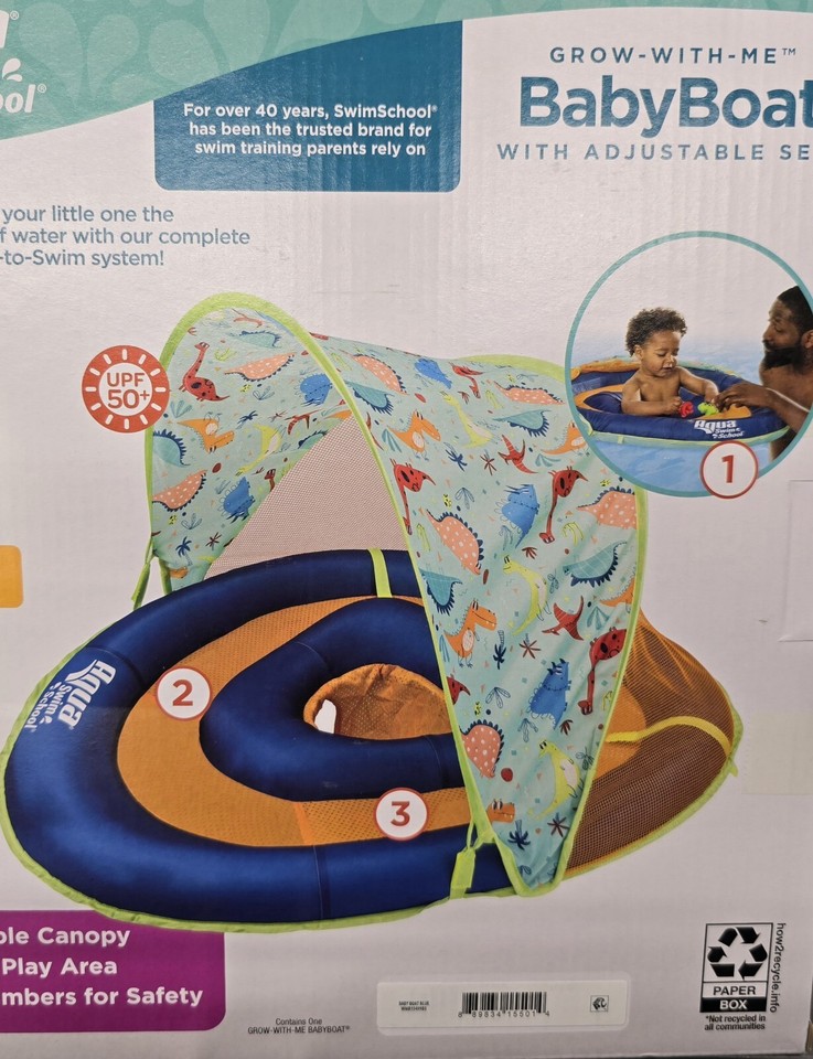Swim Schools Grow-With-Me Baby Pool Float Boat Blue Dino + 2 Toys 6- 24 ...