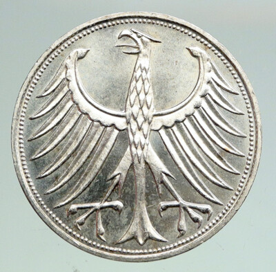 1972 J GERMANY Vintage Winged Eagle OLD German Large 5 Mark Silver Coin ...