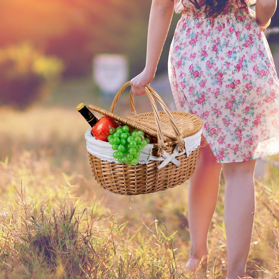 Wicker Picnic Basket with Lid and Handle Sturdy Woven Body with ...