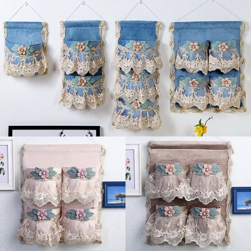 1X Lace Floral Fabric Hanging Storage Bag Sundries Door Wall Dormitory ...