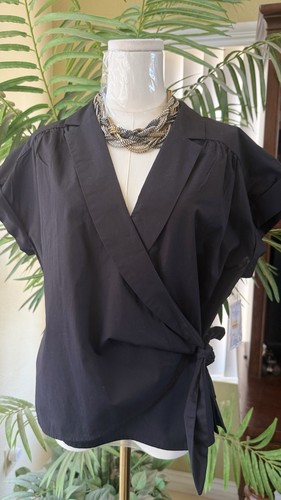 Nine West Black Wrap Blouse Top Short Sleeve V-Neck Tie Front Office ...