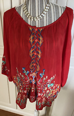 Johnny Was Womens Red Holiday Top Embroidered Boho Tunic Blouse S-102 ...