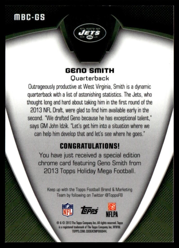 2013 Topps Holiday Mega Geno Smith Rookie New York Jets #MBC-GS | eBay