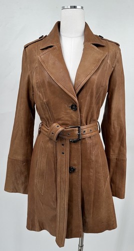 Andrew Marc Womens Brown Leather Belted Trench Coat Size Large ...