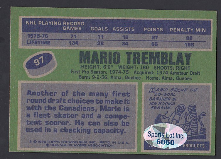 Mario Tremblay Hand Signed 1976-77 Topps Hockey Card #97 Canadians COA ...