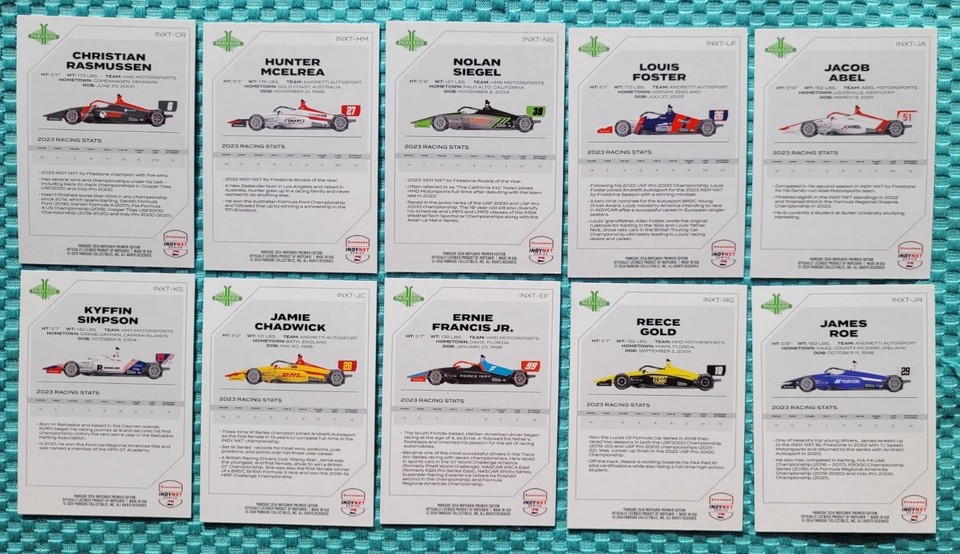 2024 Parkside Indycar Indy Car Indy NXT IndyNXT Complete 10 Card Set | eBay