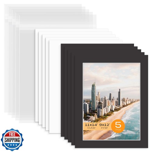 Mat Board Center, Pack of 5 Bevel Cut 11x14 Black Mat for 9x12 Photo ...
