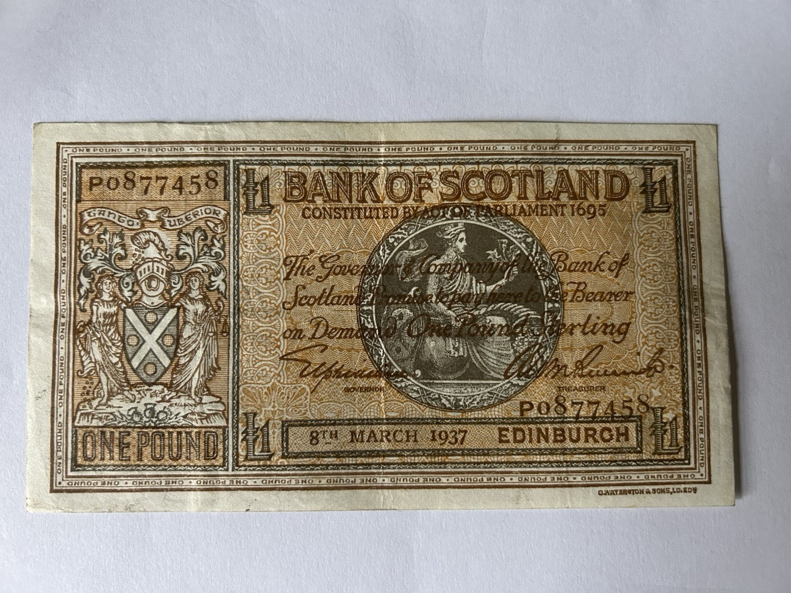 Bank of Scotland One Pound £1 Note 1937 8th March Edinburgh Good ...