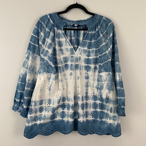 Lands End Eyelet Split Neck Shirt Blouse Size 2X Blue Tie 3/4 Sleeves Ruffle | eBay