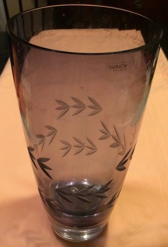 MID CENTURY ART GLASS Purple/clear CRYSTAL VASE LEAF ETCHED Tarnow ...