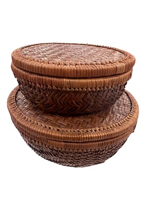 Round Rattan Wicker Fruit Staking Basket with Lid Storage Boho Natural ...
