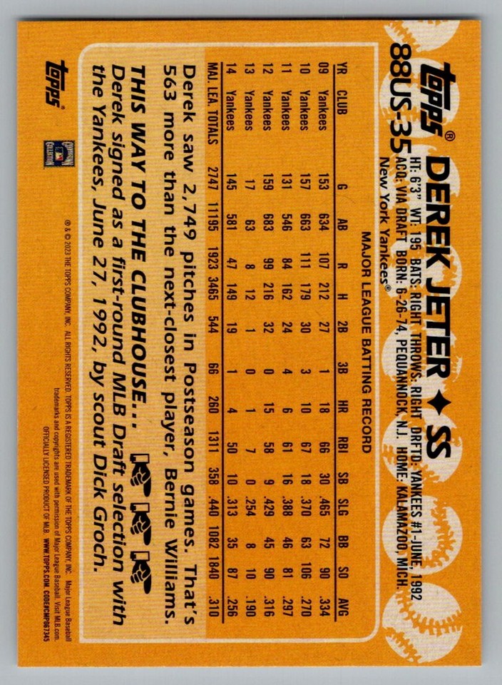 2023 TOPPS 1988 35TH ANNIVERSARY DEREK JETER NEW YORK YANKEES #88US-35 ...