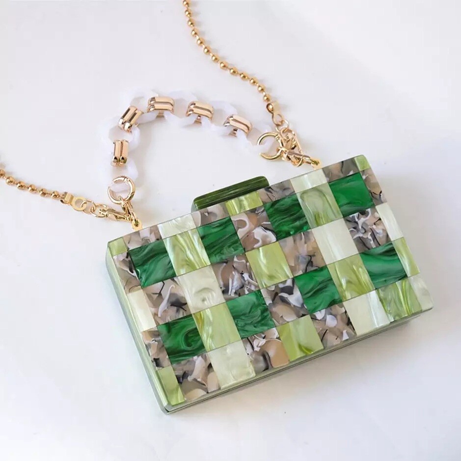 Women Box Clutch Purse Green Color Plaid Pattern Striped Evening Bag ...