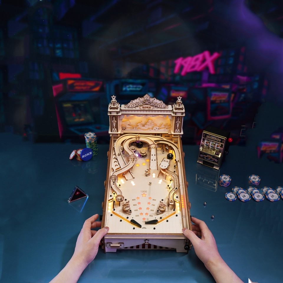 ROKR Pinball Machine 3D Wooden Puzzle Amusing Table Game with Music LED ...