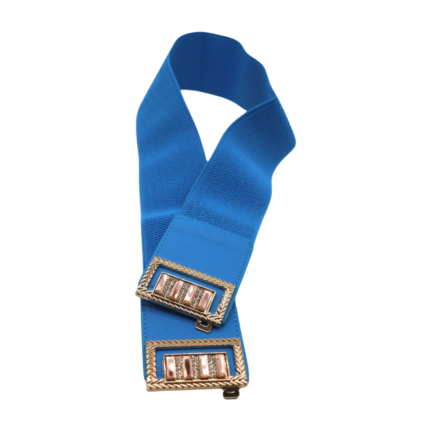 Women Blue Wide Elastic Waistband Fashion Belt Gold Bling Square Buckle ...