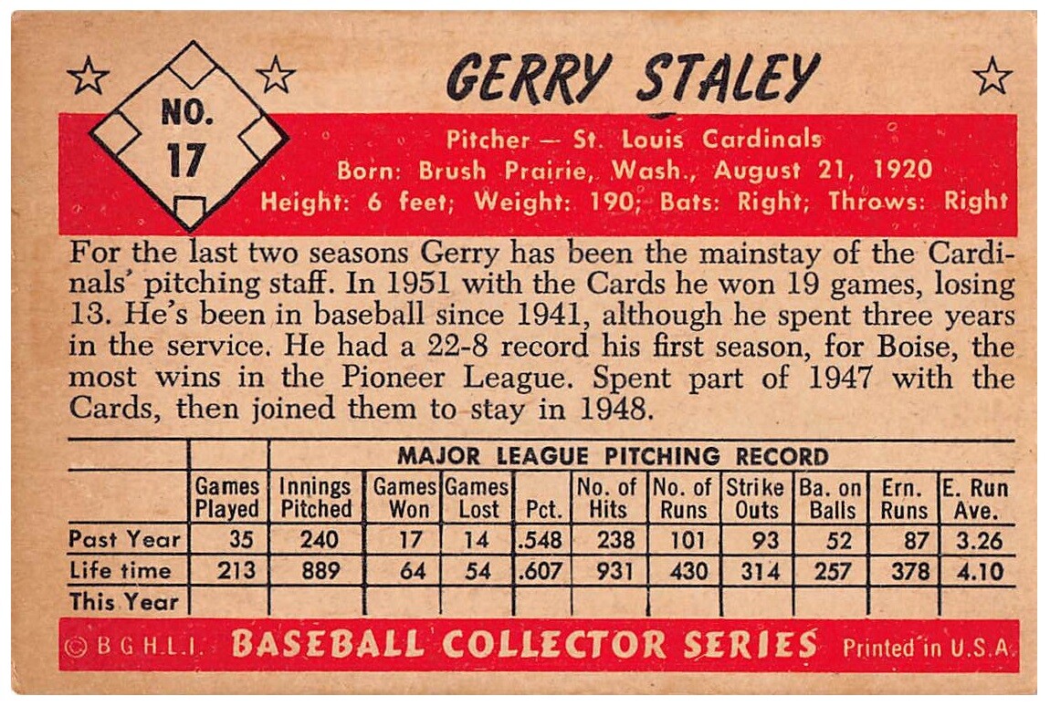 1953 GERRY STALEY - Bowman "COLOR" Baseball Card # 17 - ST. LOUIS ...