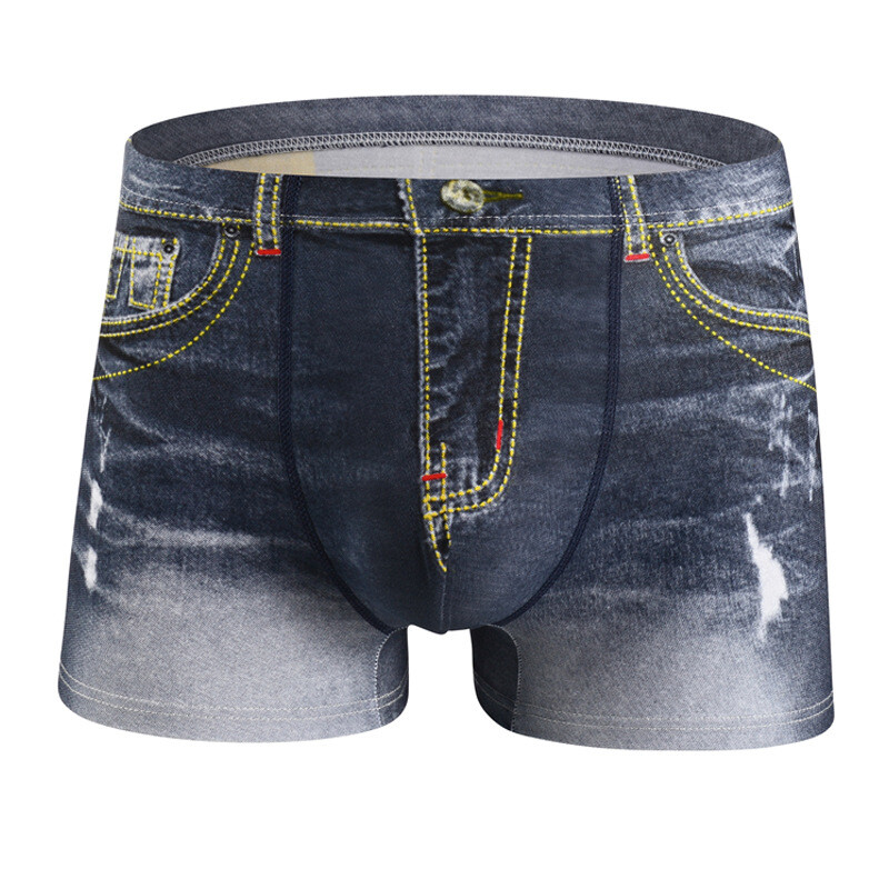 Men's Sexy Smooth Shorts Fake Denim Jeans Printed Boxer Briefs Pouch ...