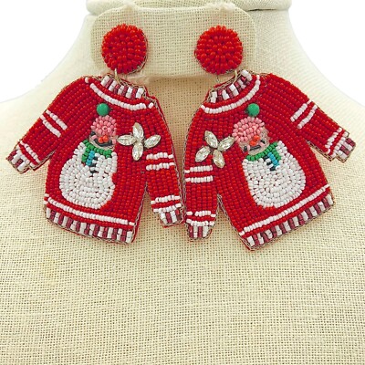 Snowman Ugly Sweater Christmas Seed Bead Earrings - Beaded (2.5x2.5) | eBay