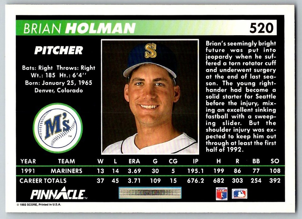 1992 PINNACLE BRIAN HOLMAN SEATTLE MARINERS #520 | eBay