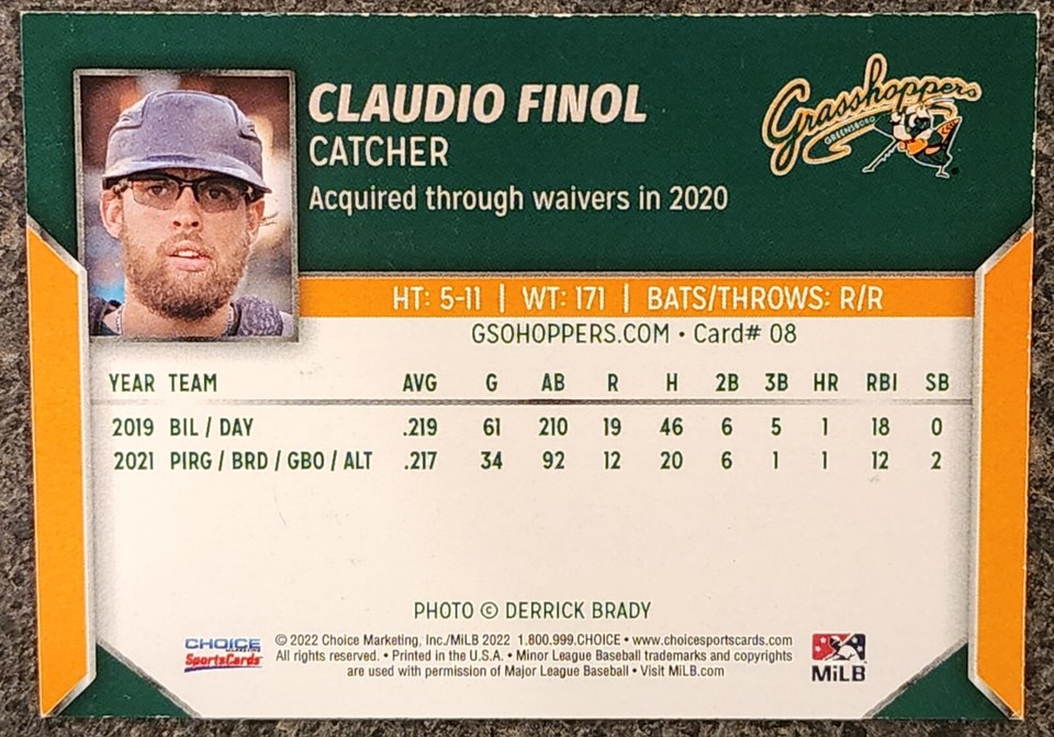 Claudio Finol Signed IP 2022 Greensboro Grasshoppers Card #8 Pittsburgh ...