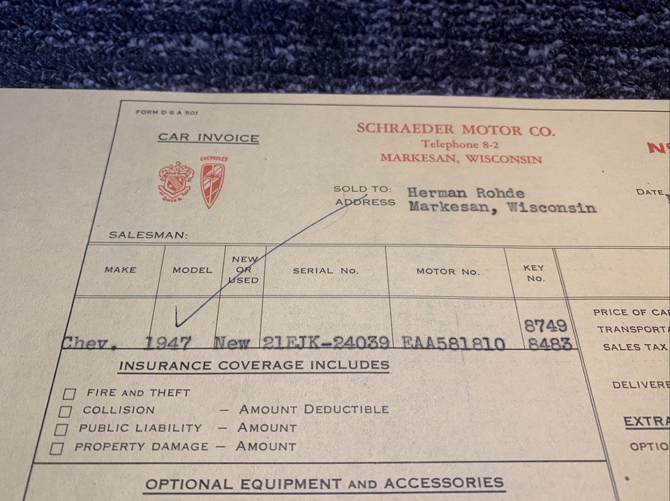 Vtg 1947 Chevrolet New Auto Dealer Sales Receipt Car Dealership Invoice ...