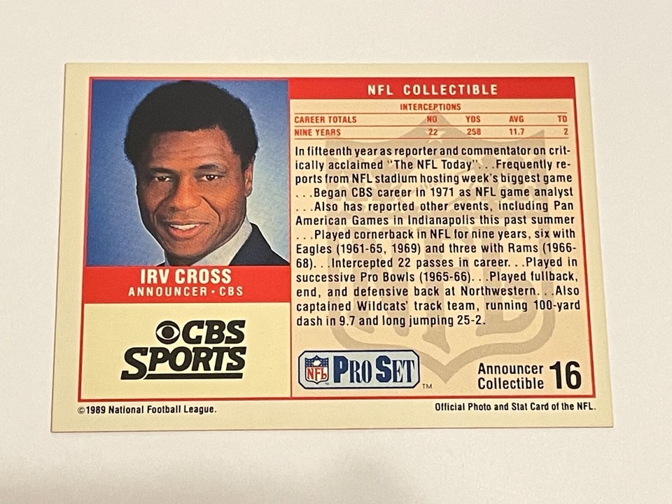 1989 Pro Set Football Announcer Insert CBS Sports #16 - Irv Cross ...