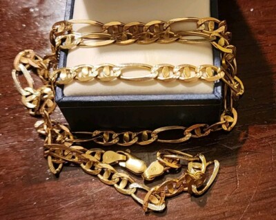 Fancy 14kt Solid Gold Designer GS Figaro 22" Chain Necklace! Not Scrap ...