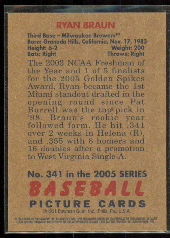 2005 Bowman Heritage First Year Ryan Braun Rookie Milwaukee Brewers ...