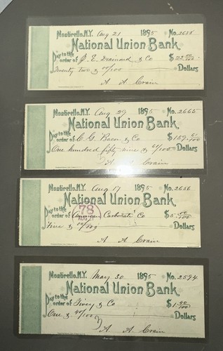 Antique Bank Checks, Receipts Set Of 4 1895 National Union Bank | eBay