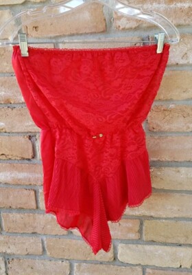 VTG 70s/80s Undercover Wear M Red Nylon Sheer Lace Strapless Teddy ...