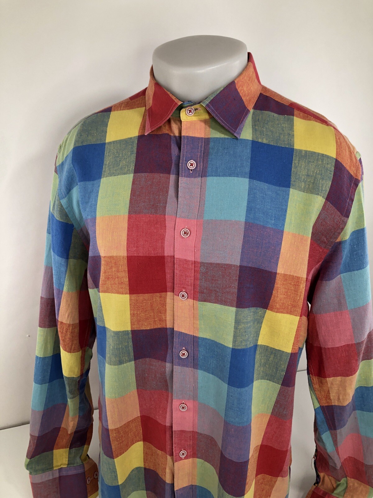 BUGATCHI UOMO - LINEN BLEND Colorful Plaid Checked Mens Lg. Shirt | eBay